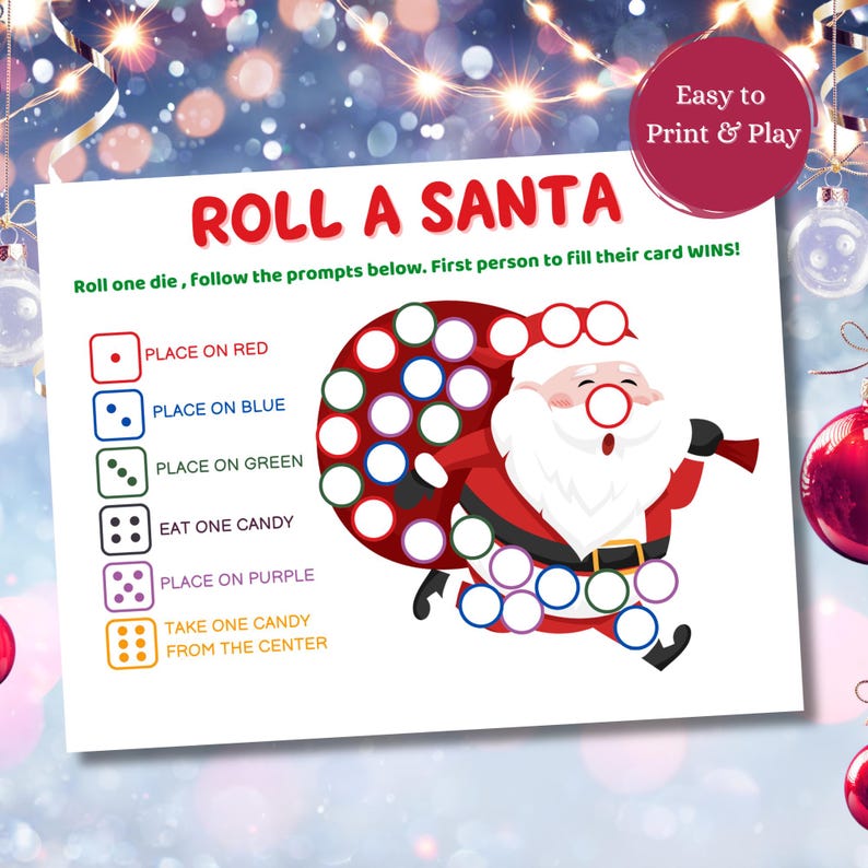 Roll a Santa Game, Printable Holiday Game, Christmas Party, Candy Game ...