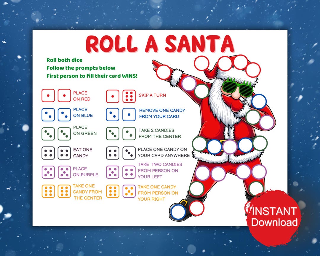 Roll a Santa Dice Game, Printable Holiday Game, Christmas Party, Candy ...