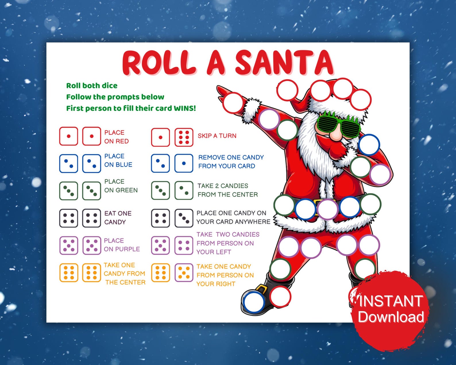 Roll a Santa Dice Game, Printable Holiday Game, Christmas Party, Candy ...