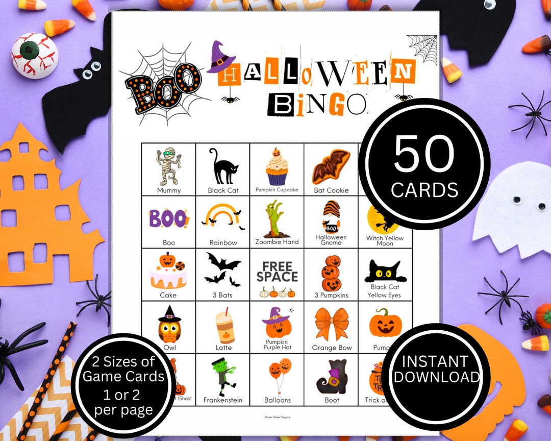 Halloween Bingo Game, Kids Halloween Party Game, 50 Halloween Bingo ...