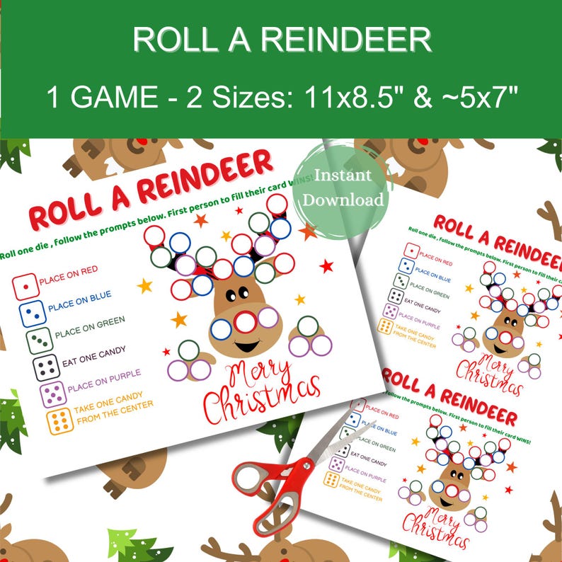 Roll a Reindeer Game, Printable Holiday Game, Christmas Party, Candy ...