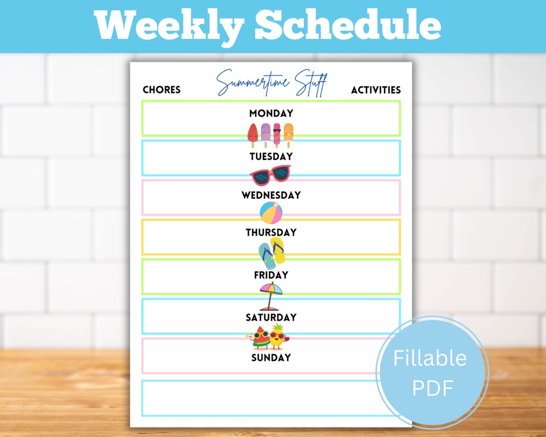 Summer Weekly Schedule Fillable PDF, Kids Schedule Template, Kids ...
