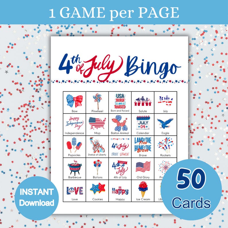 4th of July Bingo Game, 50 Printable Bingo Cards, Independence Day ...
