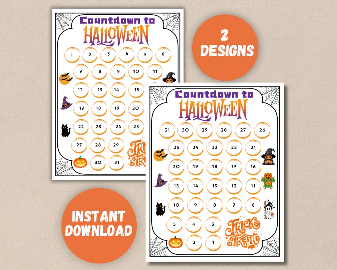 Halloween Countdown Printable, Instant Download, 2 Designs 1-31 and 31 ...