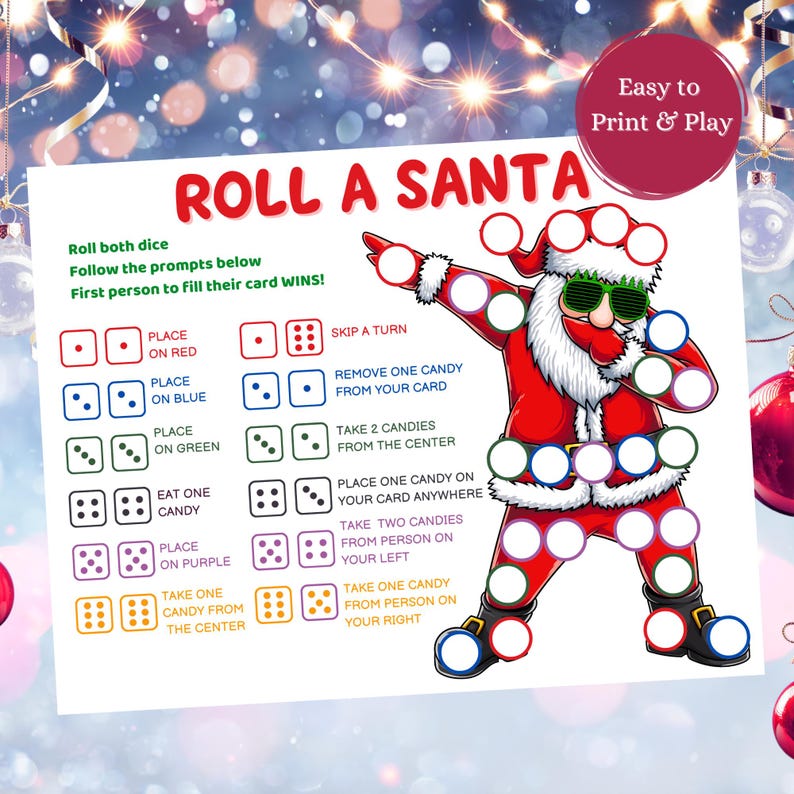 Roll a Santa Dice Game, Printable Holiday Game, Christmas Party, Candy ...