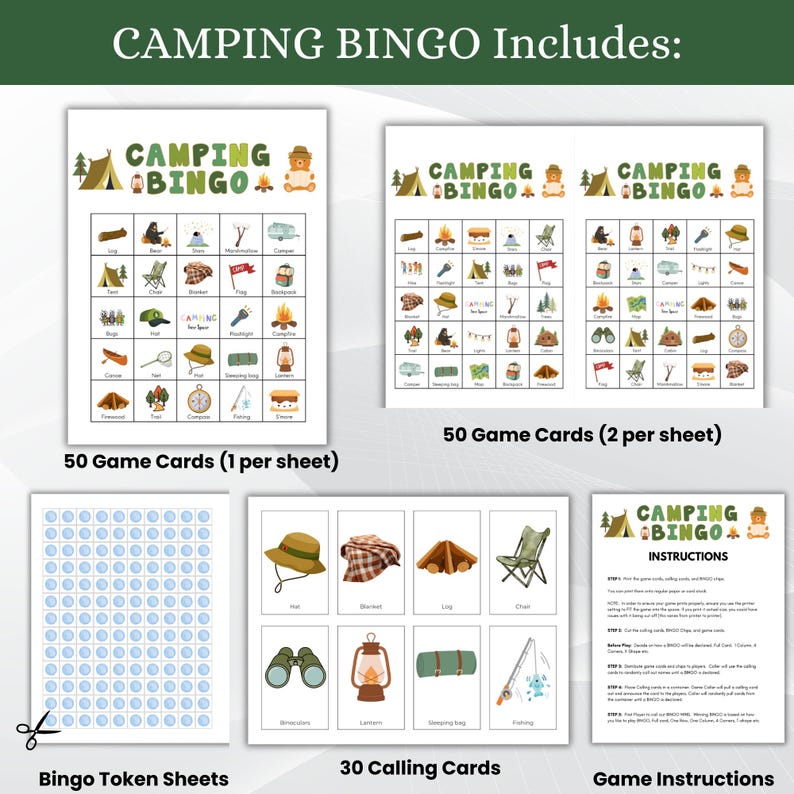 Camping Bingo Game, 50 Printable Camping Bingo Cards, Camping Party ...
