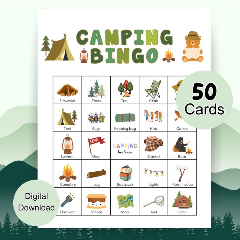 Camping Bingo Game, 50 Printable Camping Bingo Cards, Camping Party ...