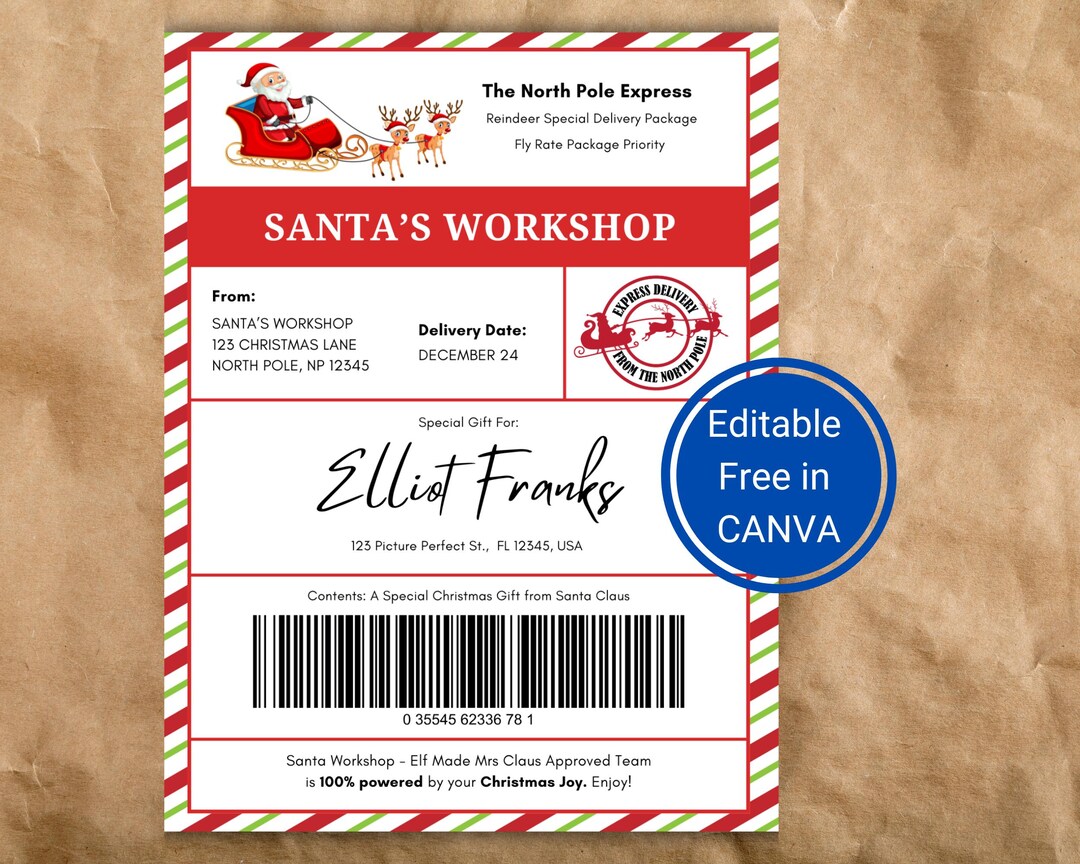 Santa Editable Christmas Shipping Label, Canva Template, Funny Custom ...