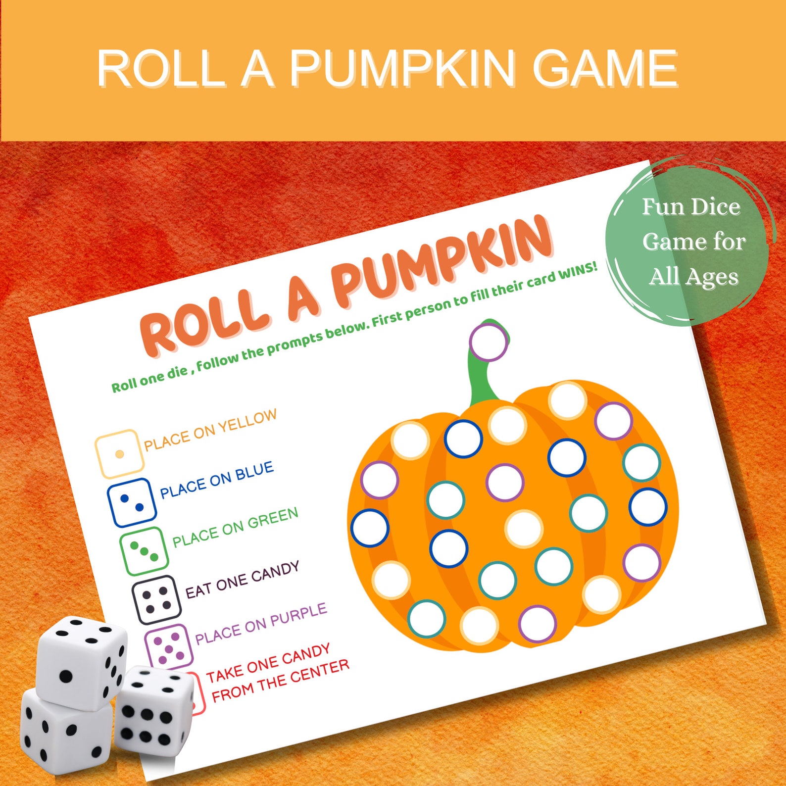 Roll a Pumpkin Game, Printable Game for Kids, Fall Party, Candy Game ...