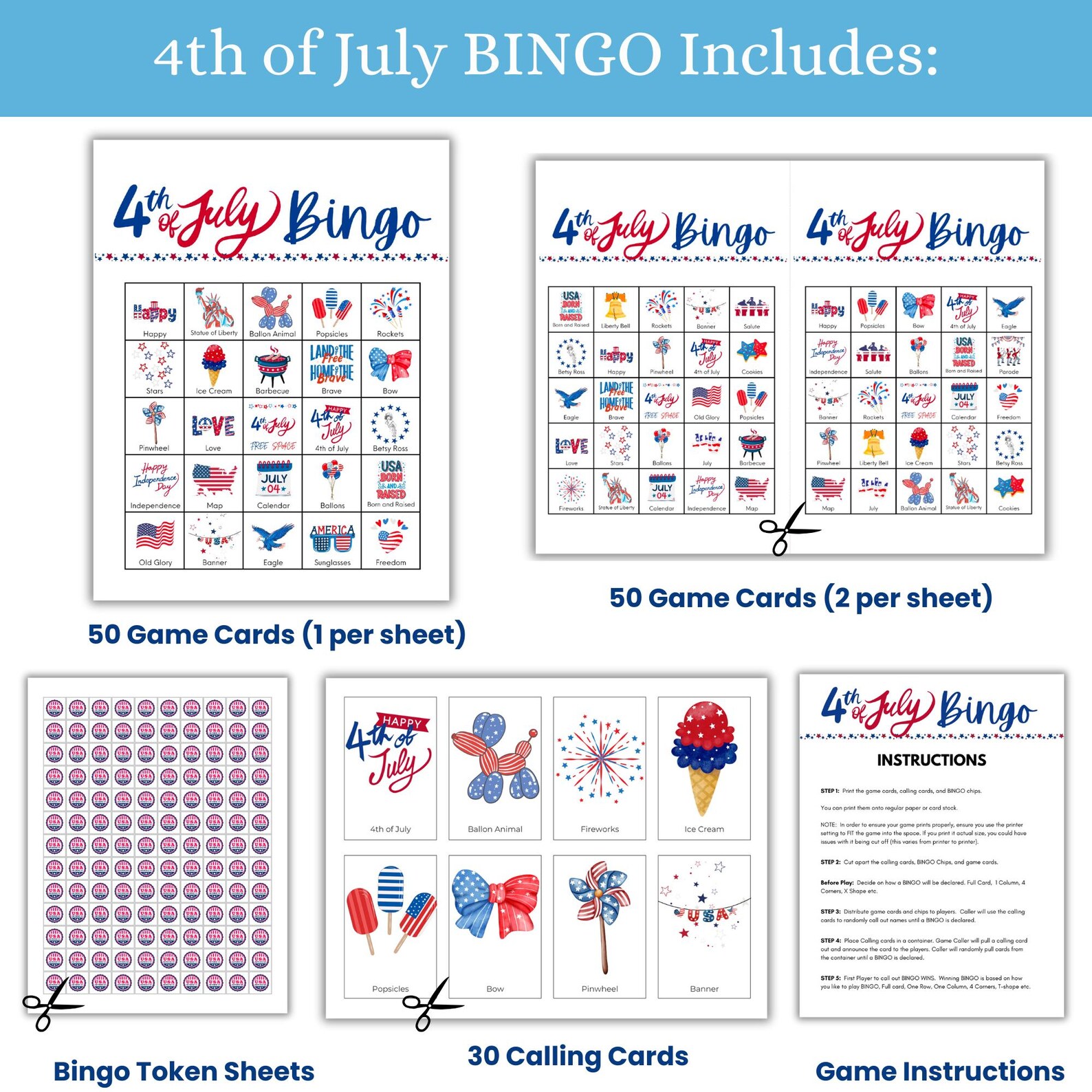 4th of July Bingo Game, 50 Printable Bingo Cards, Independence Day ...