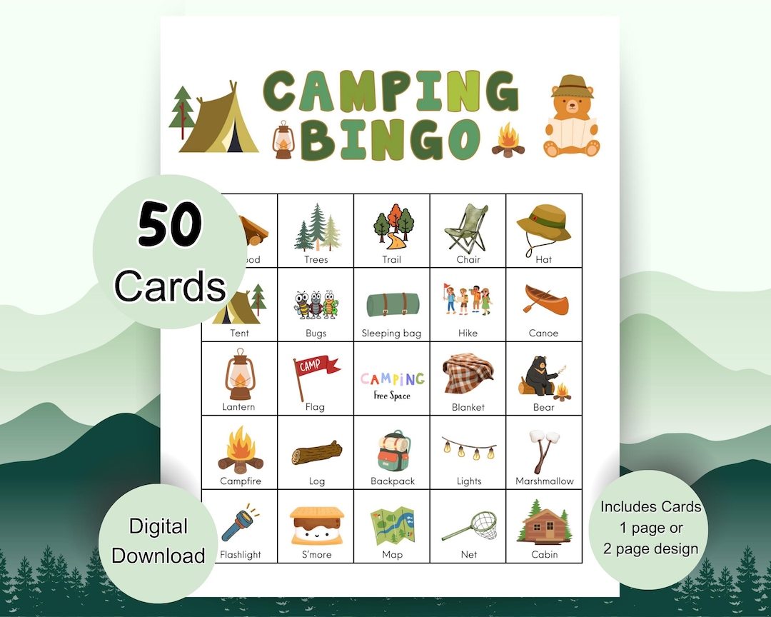 Camping Bingo Game, 50 Printable Camping Bingo Cards, Camping Party ...