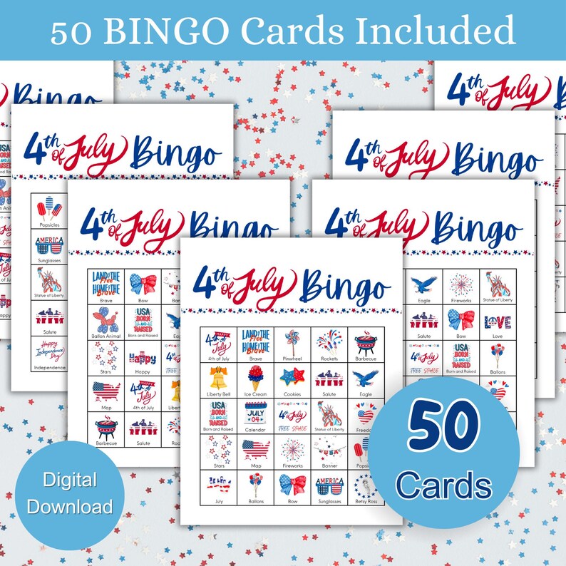 4th of July Bingo Game, 50 Printable Bingo Cards, Independence Day ...