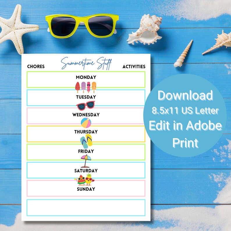 Summer Weekly Schedule Fillable PDF, Kids Schedule Template, Kids ...