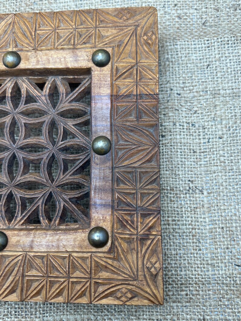 HAND CARVED WOOD Trivet With 4 Round Feet 7” X 6.75” Square 1.5” Tall ...