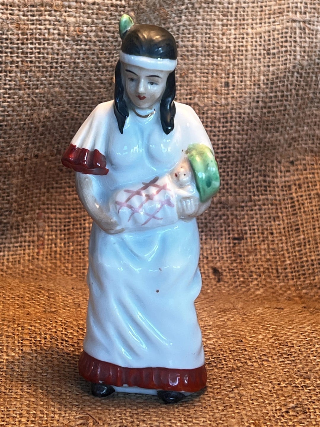 NATIVE AMERICAN WOMAN Figurine Porcelian Made in Japan 5.5”x2.25” With ...
