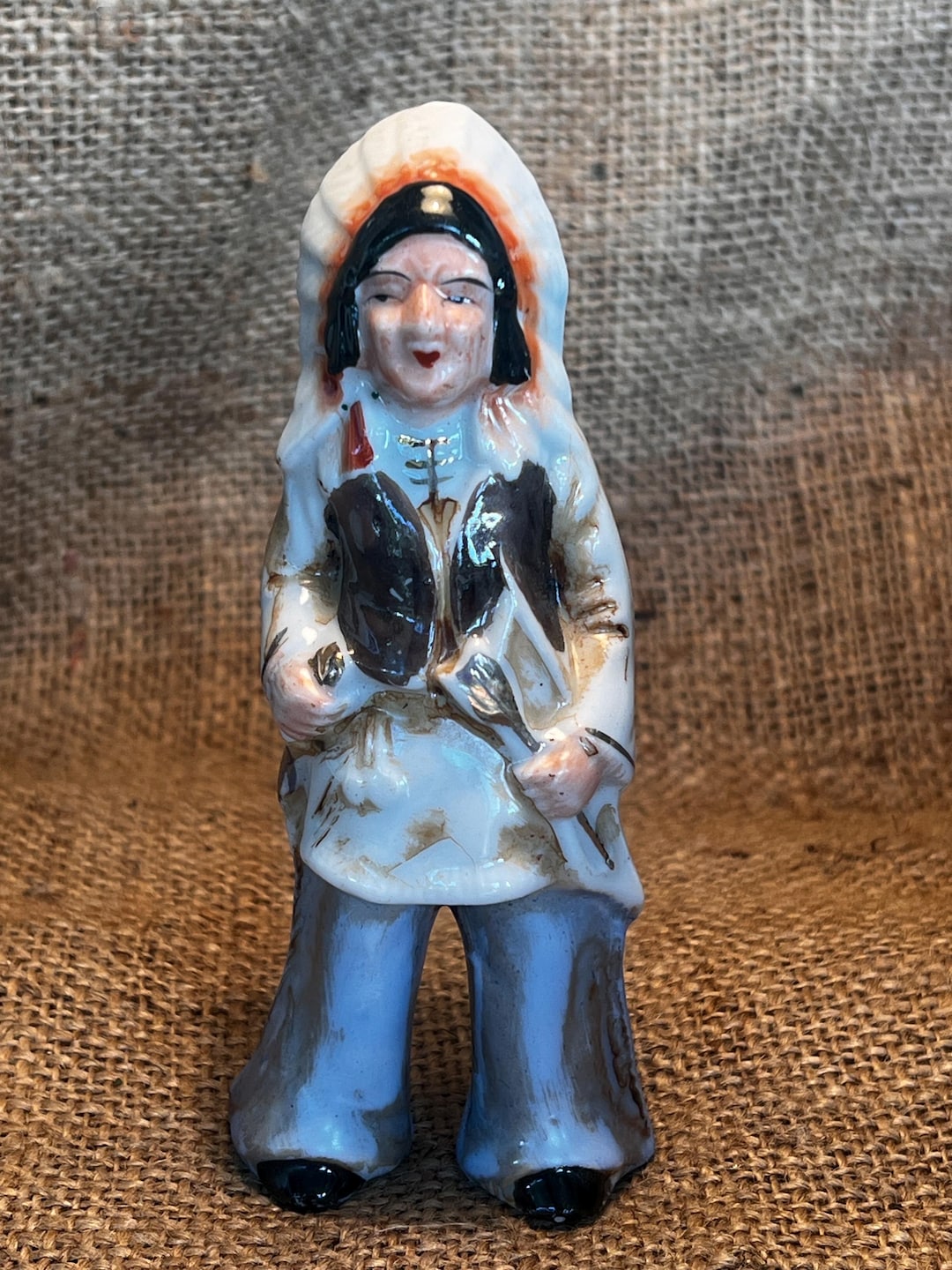 NATIVE AMERICAN WOMAN Figurine Porcelian Made in Japan 5.5”x2.25” With ...