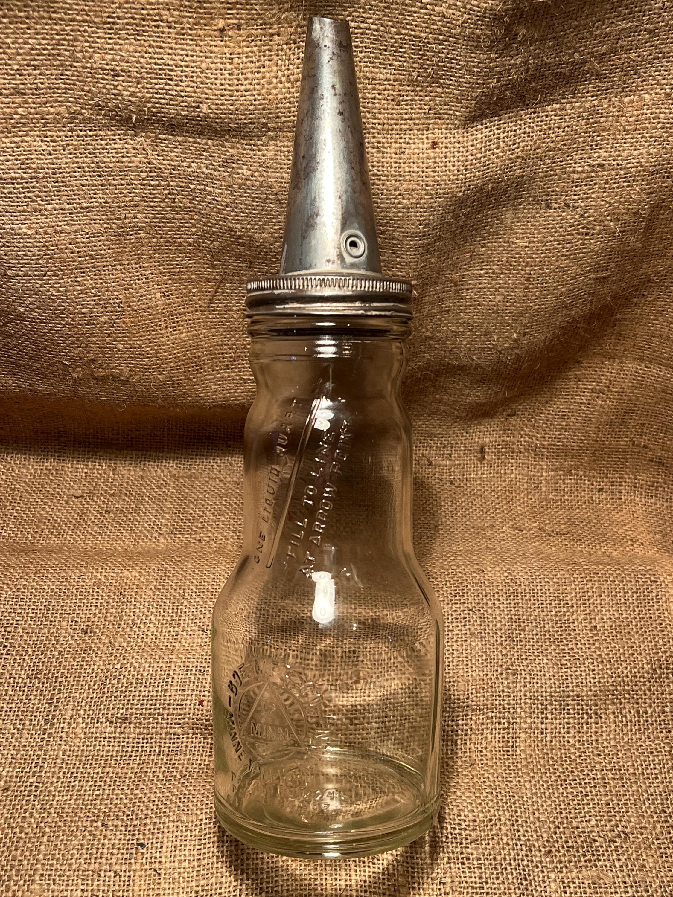 GLASS Quart OIL Bottle BOE Mfg Co. Metal Spout Glass Motor Oil ...