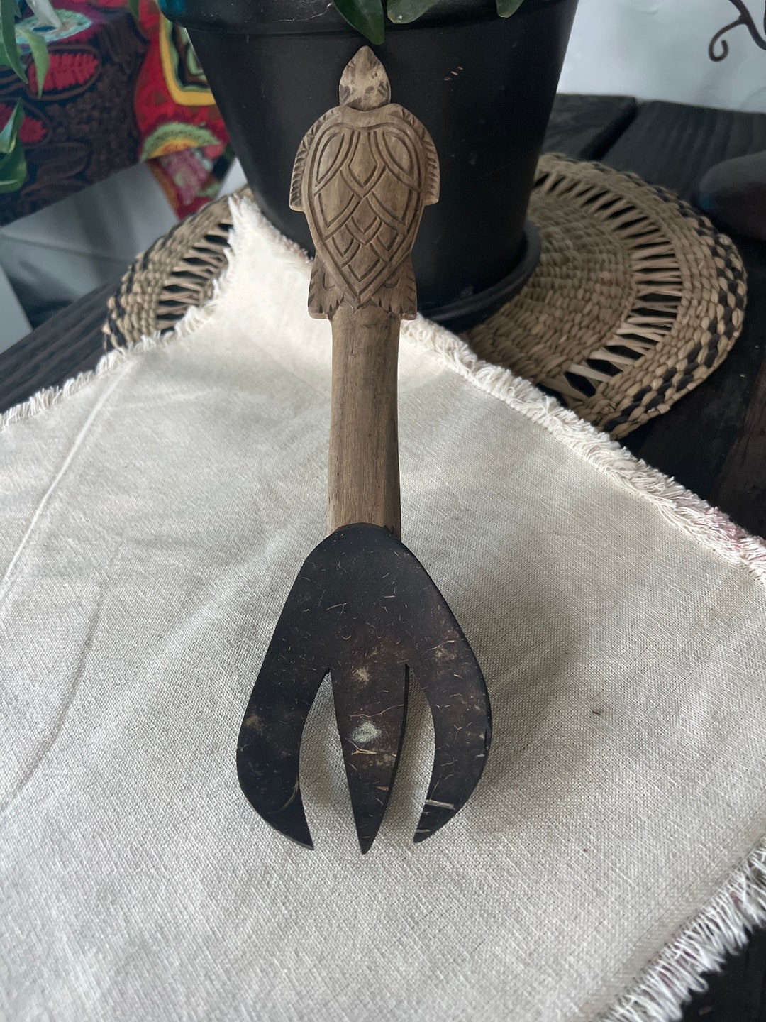 Vintage Carved Wood and Coconut Spork - Artistic Handmade - Etsy