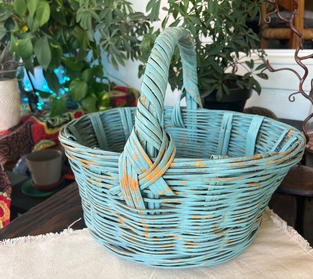 Vintage Turquoise Wicker Basket - Etsy