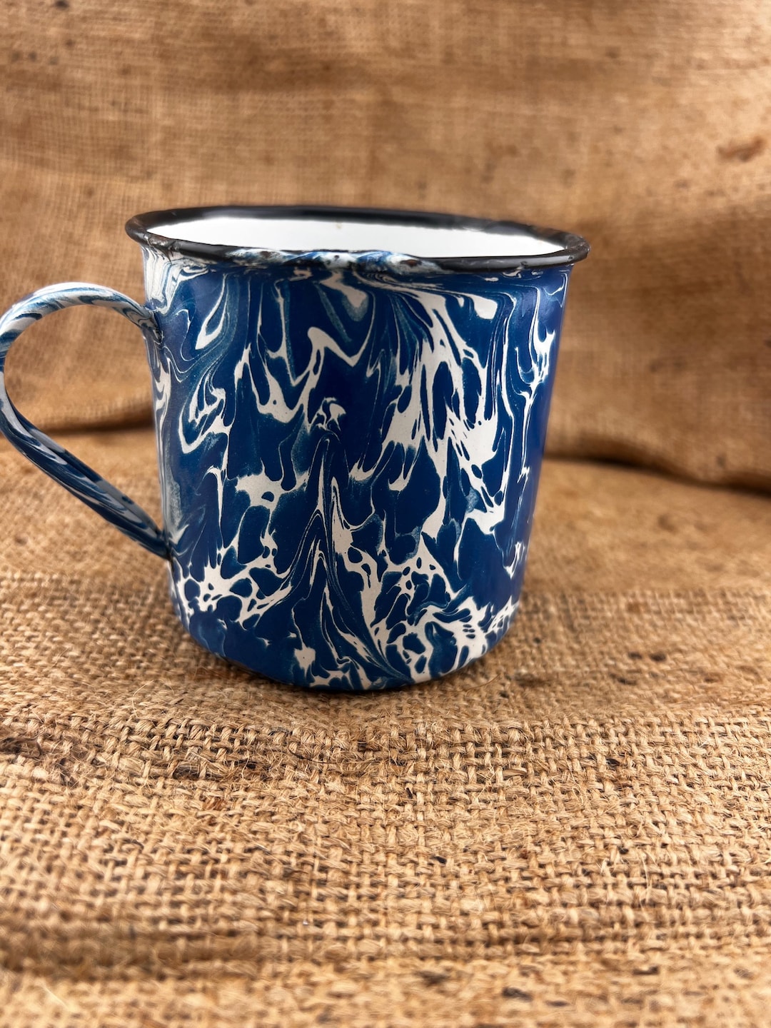 Antique 1940s ENAMELWARE CUP Blue and White Swirl Metal 12 Ounce 3.25 ...
