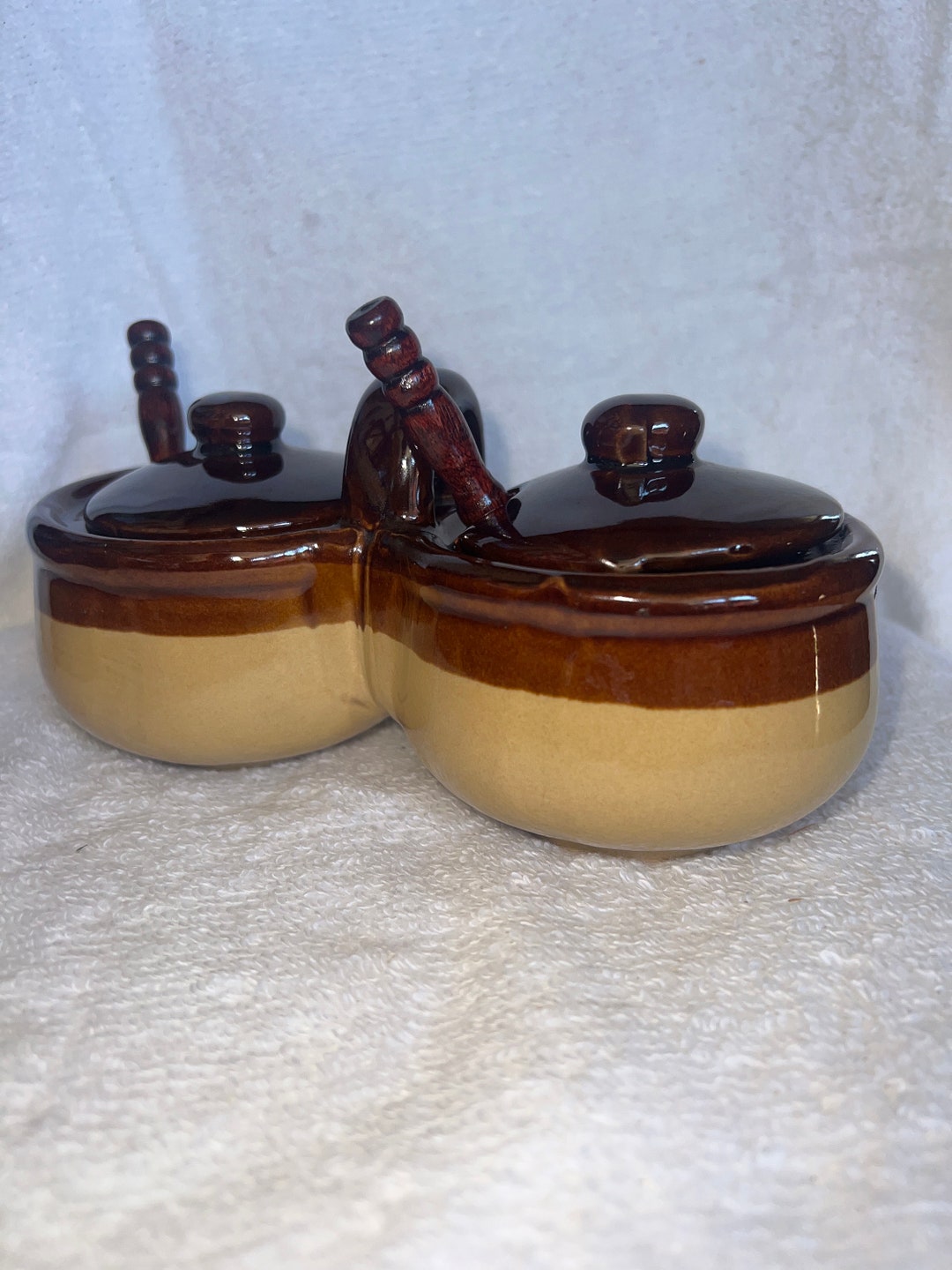 Brown Pottery Double Condiment Lid Dish With Two Spoons With Wooden ...