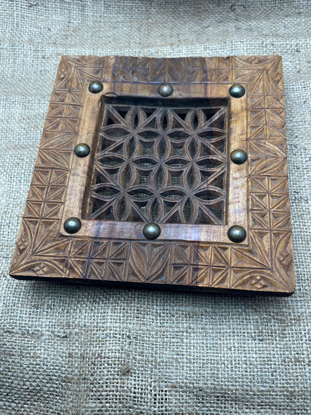 HAND CARVED WOOD Trivet With 4 Round Feet 7” X 6.75” Square 1.5” Tall ...
