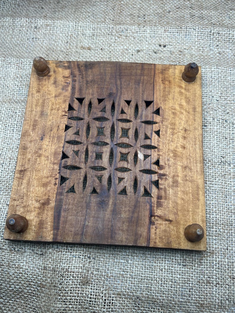 HAND CARVED WOOD Trivet With 4 Round Feet 7” X 6.75” Square 1.5” Tall ...