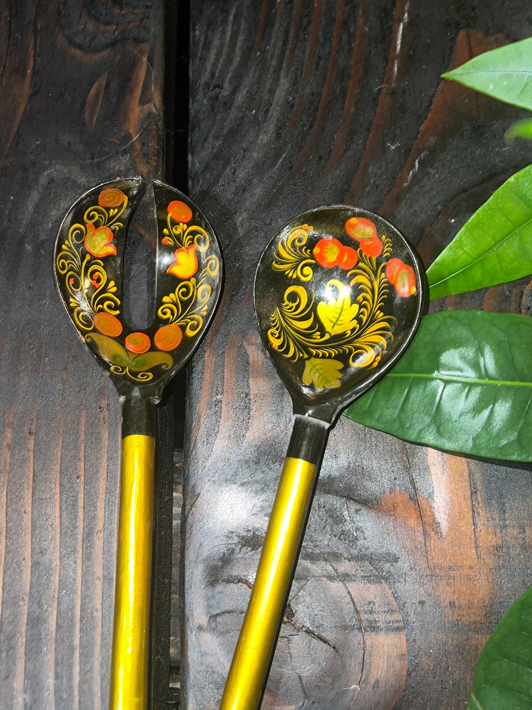 Vintage Russian Wooden Hand Painted Salad or Decorative Spoons Set of 2 ...