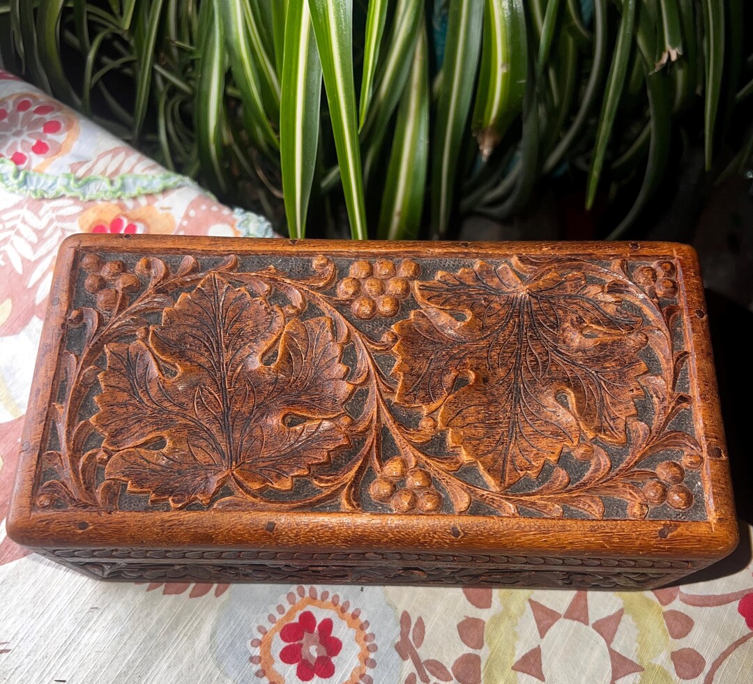Vintage Ornate CARVED WOOD BOX Storage Ethnic Boho Bohemian Handcrafted ...