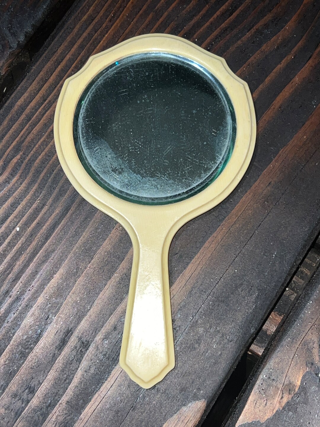 Vintage Yellow Celluloid Hand Mirror Beveled Glass in Yellow Celluloid ...