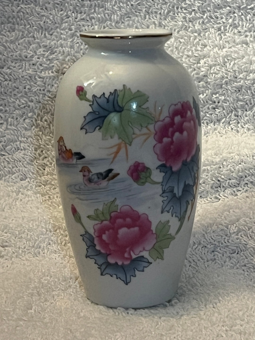 Chinese Miniature Vase With Pink Flowers and Wood Ducks Marked on ...