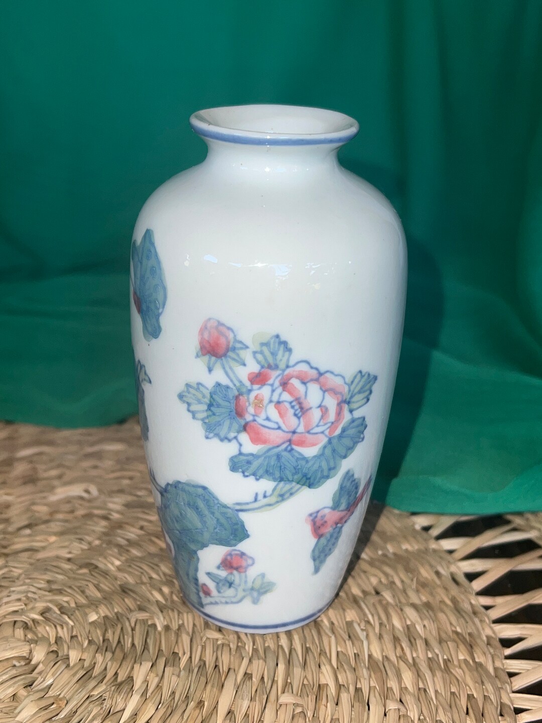 Vintage Asian FLORAL VASE With Birds and Butterfly Soft PINK ...