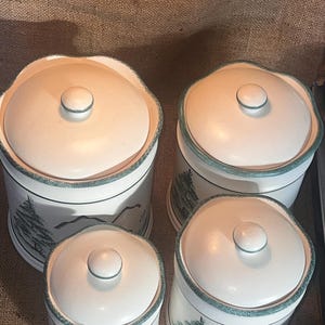 POTTERY CANISTER SET of 4 Wilderness Theme Bears, Trees and Mountain ...