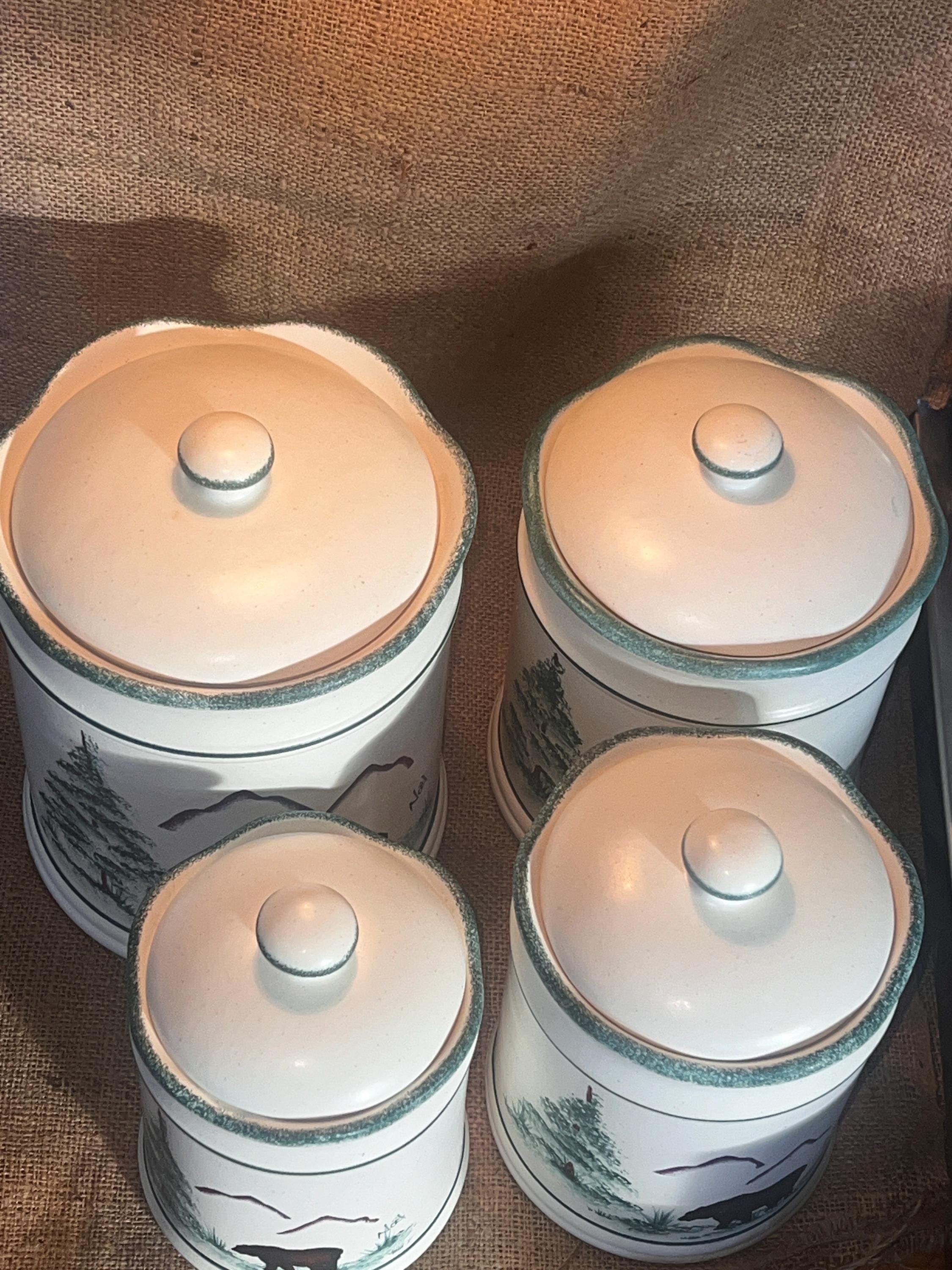POTTERY CANISTER SET of 4 Wilderness Theme Bears, Trees and Mountain ...