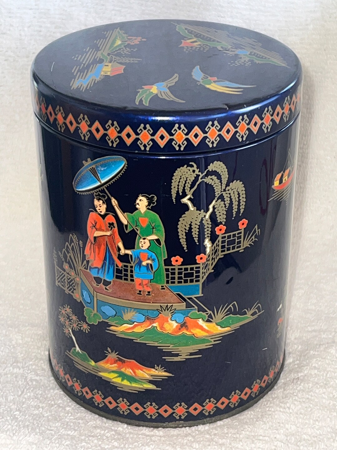 Vintage Asian Tea Tin Canister Container Cobalt Blue Oriental Daher ...
