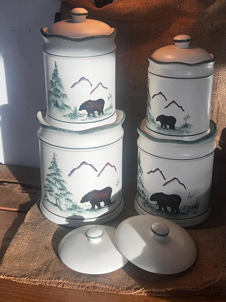 POTTERY CANISTER SET of 4 Wilderness Theme Bears, Trees and Mountain ...