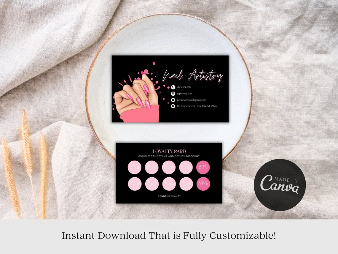 DIY Pink & Black Glam Loyalty Card for Fabulous Nail Art Nail Tech ...