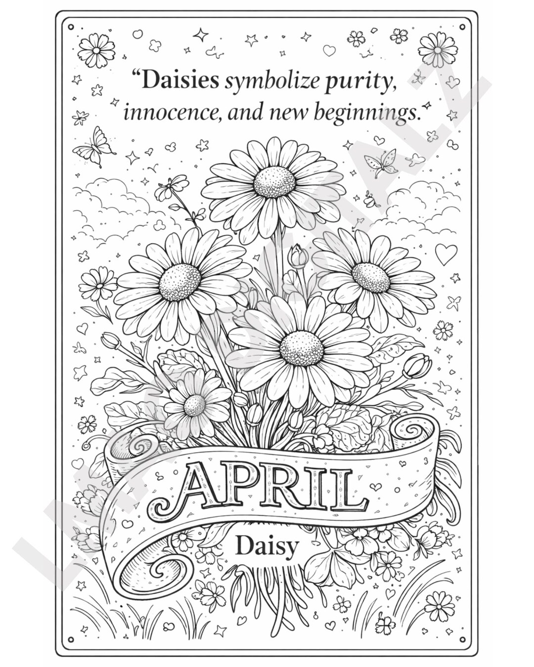 April Daisy Coloring Page – Floral Quote Art, 8x10 (digital Download ...