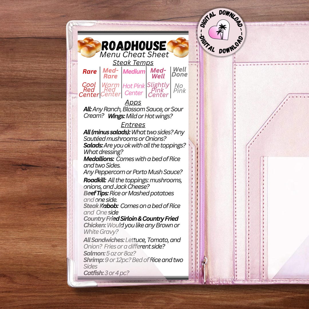 Roadhouse Server Cheat Sheet | Menu Guide for Servers | Steak Temps ...