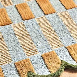 Light Blue and Yellow Tufted Plaid Handmade Rugs Carpets for Bedroom ...