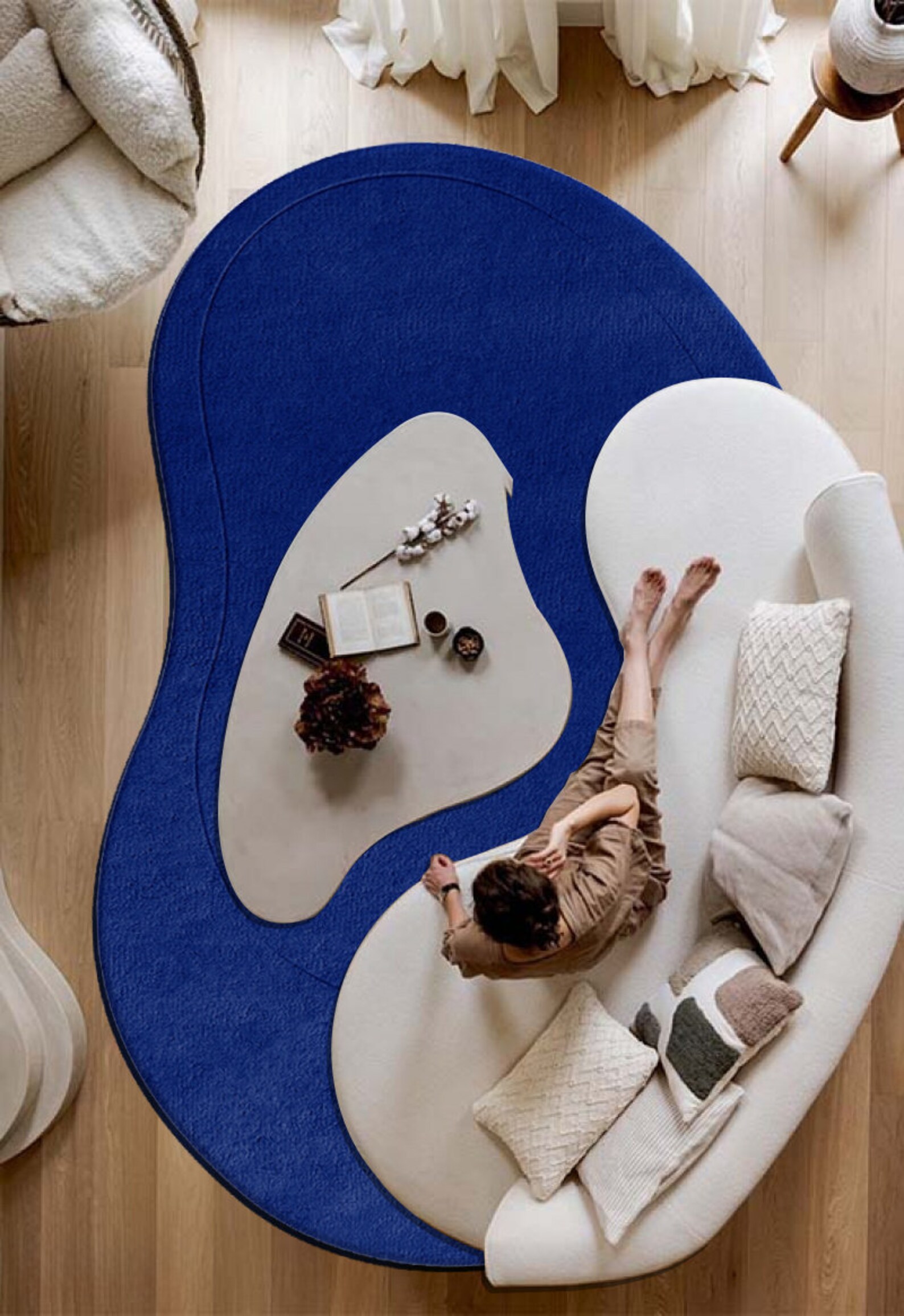 Irregular Shape Hand Tufted Rug Kidney Bean Shape Cobalt Blue Solid Rug ...