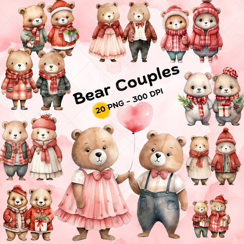 Watercolor Bear Couples Clipart, Romantic Bear Clipart, Romantic Couple ...