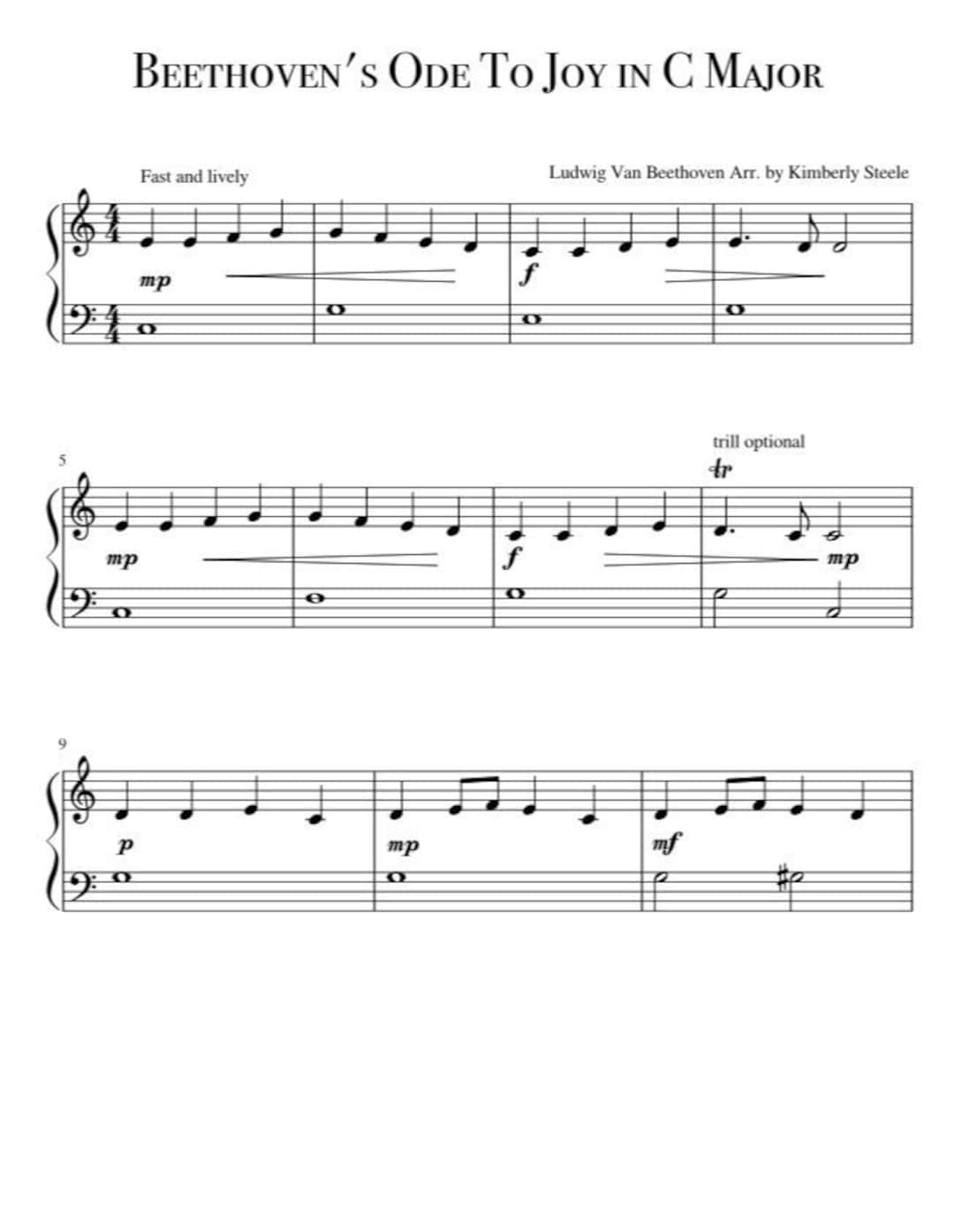 Beethoven's Ode to Joy in C Major for Level 1 Piano Sheet Music PDF - Etsy
