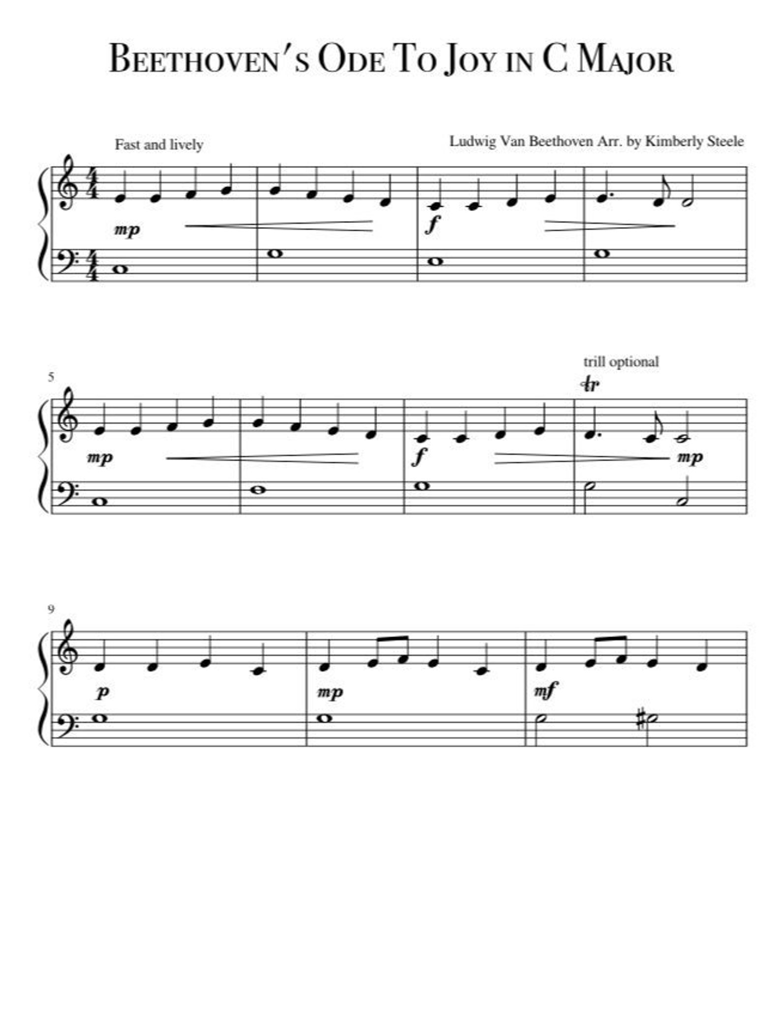 Beethoven's Ode to Joy in C Major for Level 1 Piano Sheet Music PDF - Etsy
