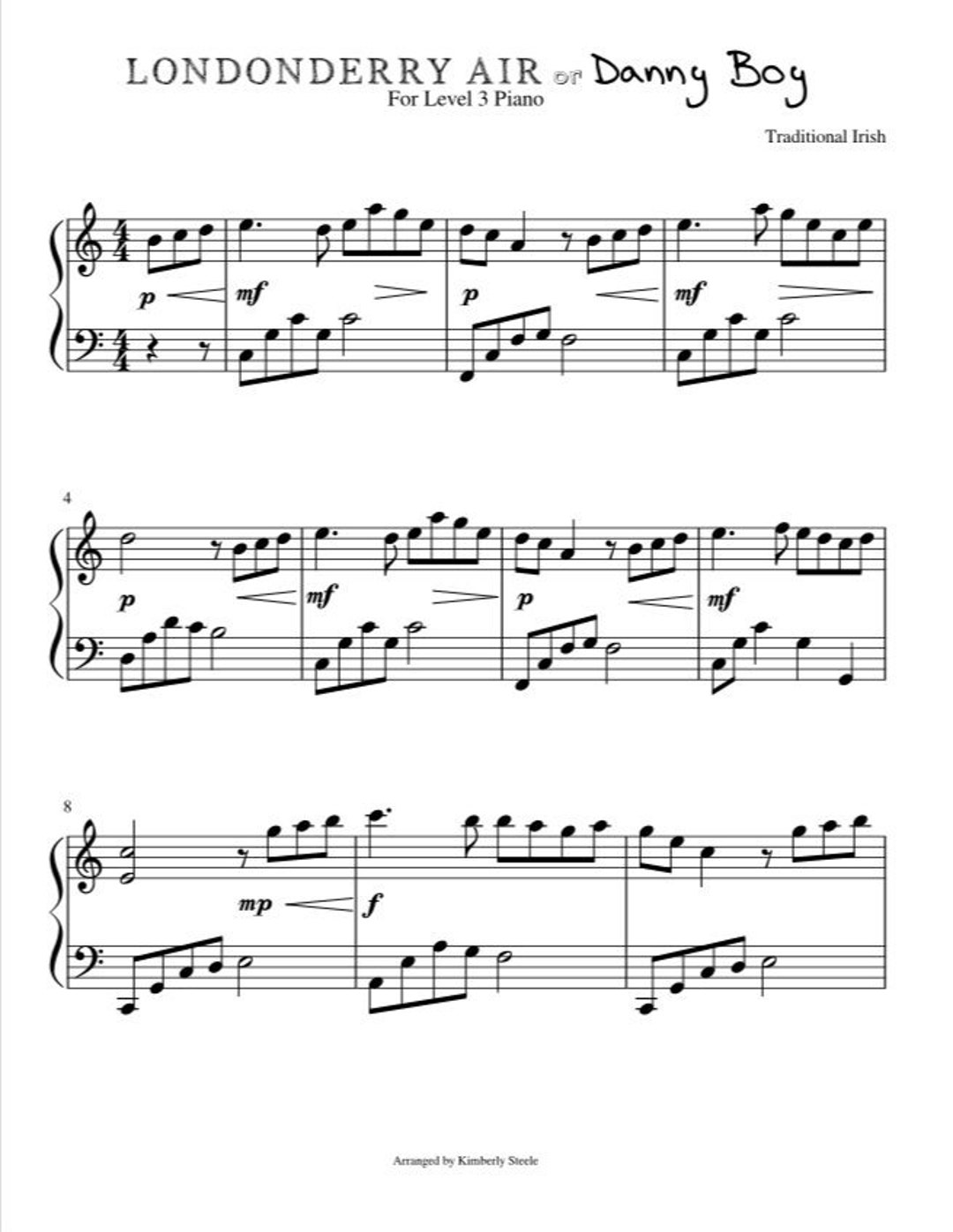 Danny Boy (londonderry Air) for Piano Level 3 Sheet Music PDF - Etsy
