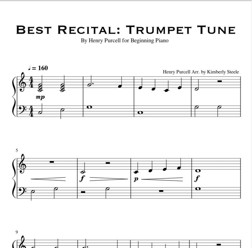 Trumpet Tune by Henry Purcell Level 1 Easy Piano Sheet Music PDF - Etsy