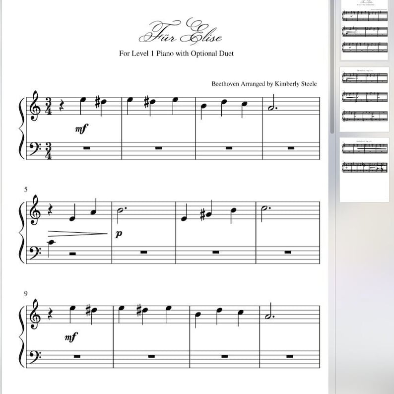 Für Elise for Level 1 Piano With Optional Duet Sheet Music PDF - Etsy
