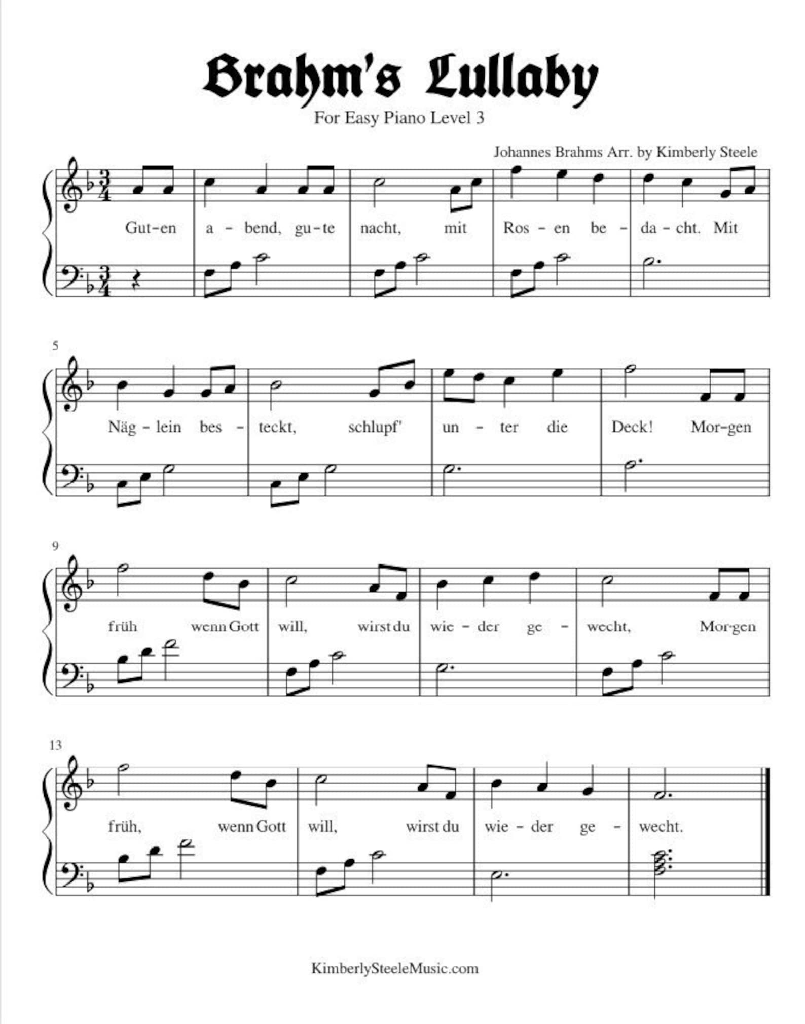 Brahms's Lullaby for Level 3 Piano With German Lyrics Sheet Music PDF ...