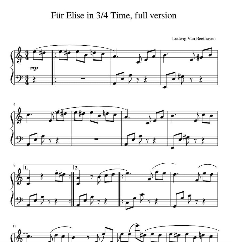 Für Elise by Beethoven Transcribed in 3 4 Time Level 6 Sheet Music PDF ...