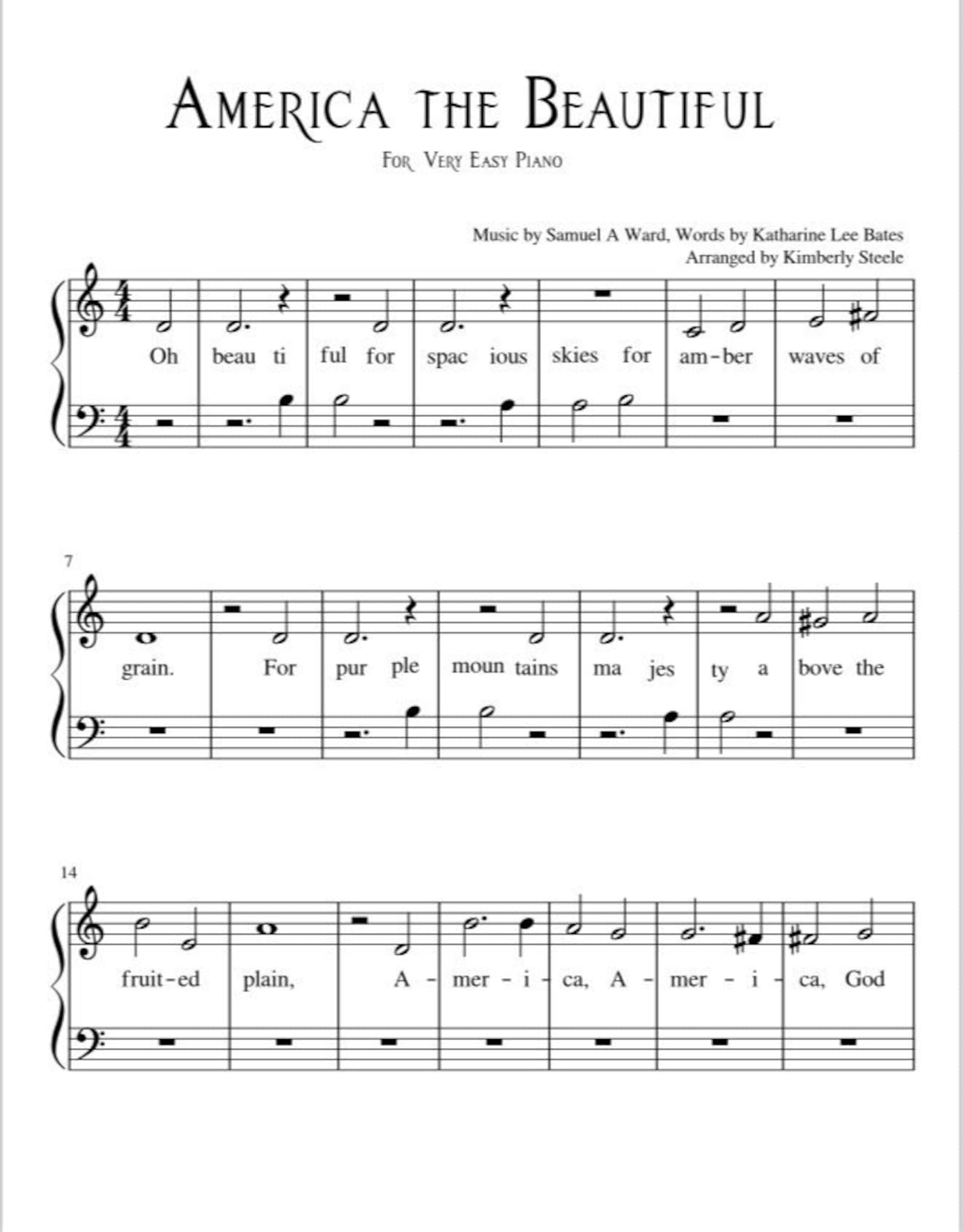 America the Beautiful Easy Sheet Music Piano PDF - Etsy